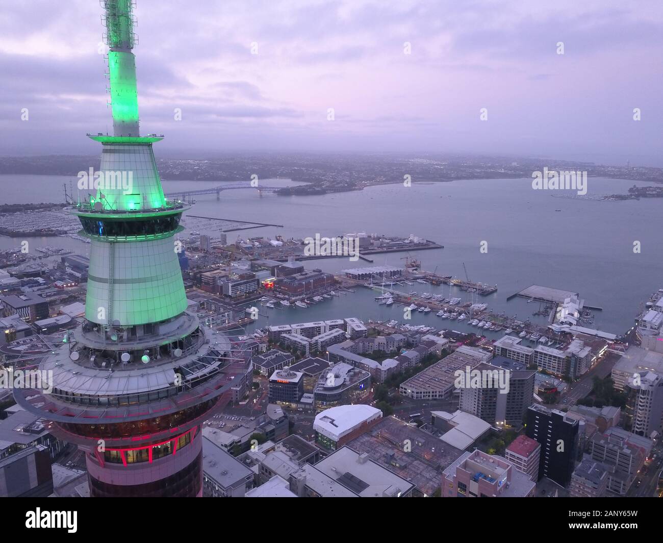 General view of the sky tower and viaduct harbour hi-res stock ...