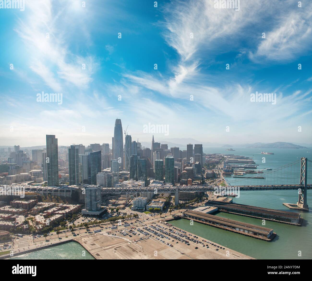Aerial view of Downtown San Francisco skyline from helicopter, CA Stock ...