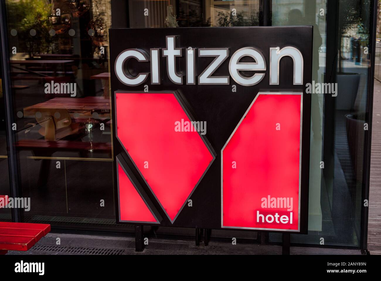 London, UK - Jan 16, 2020: This is the sign for the Citizen Hotel at ...