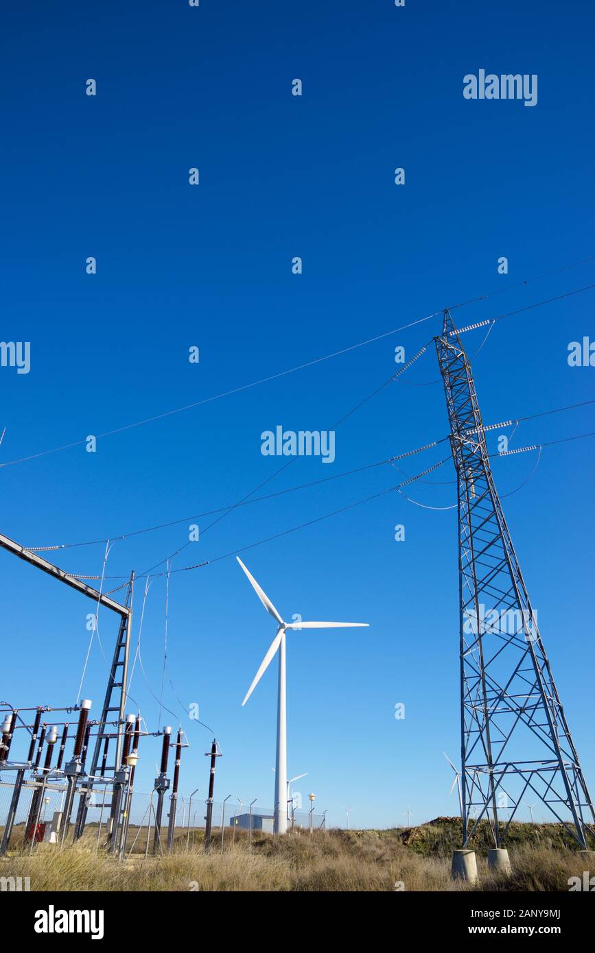 Windmills and electrical substation, Huesca province, Aragon in Spain ...