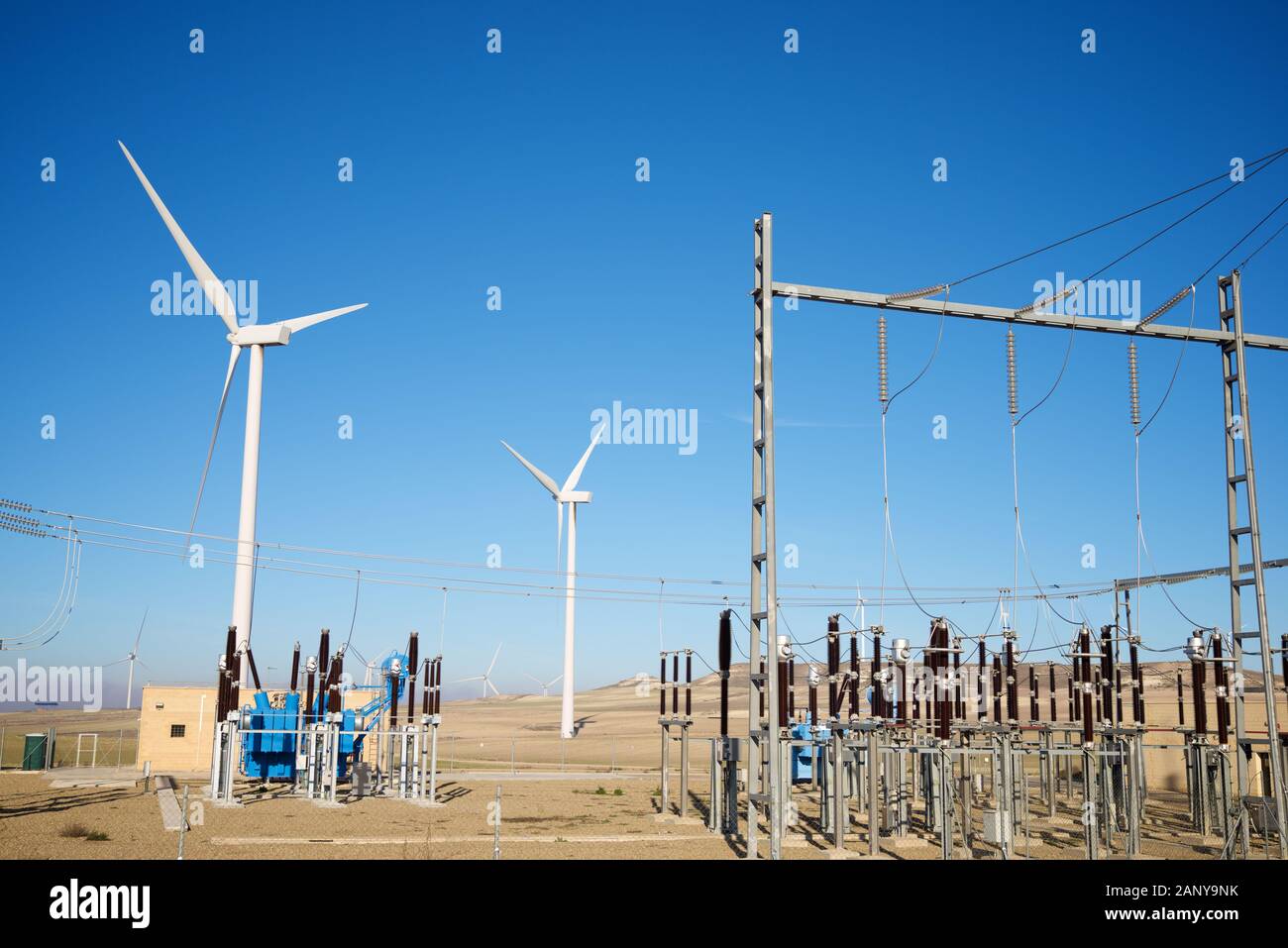 Windmills and electrical substation, Zaragoza province, Aragon, Spain ...