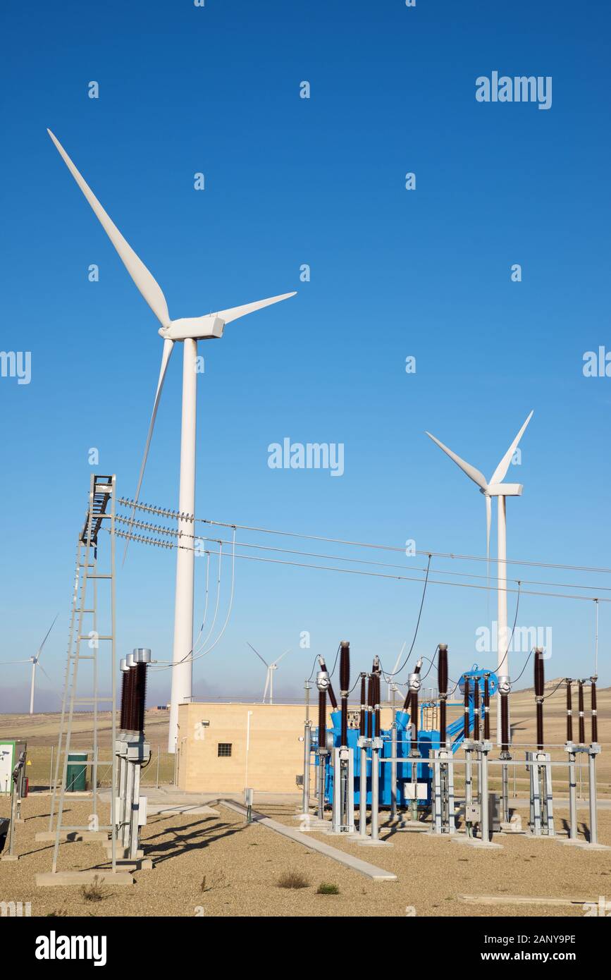 Windmills and electrical substation, Zaragoza province, Aragon, Spain ...