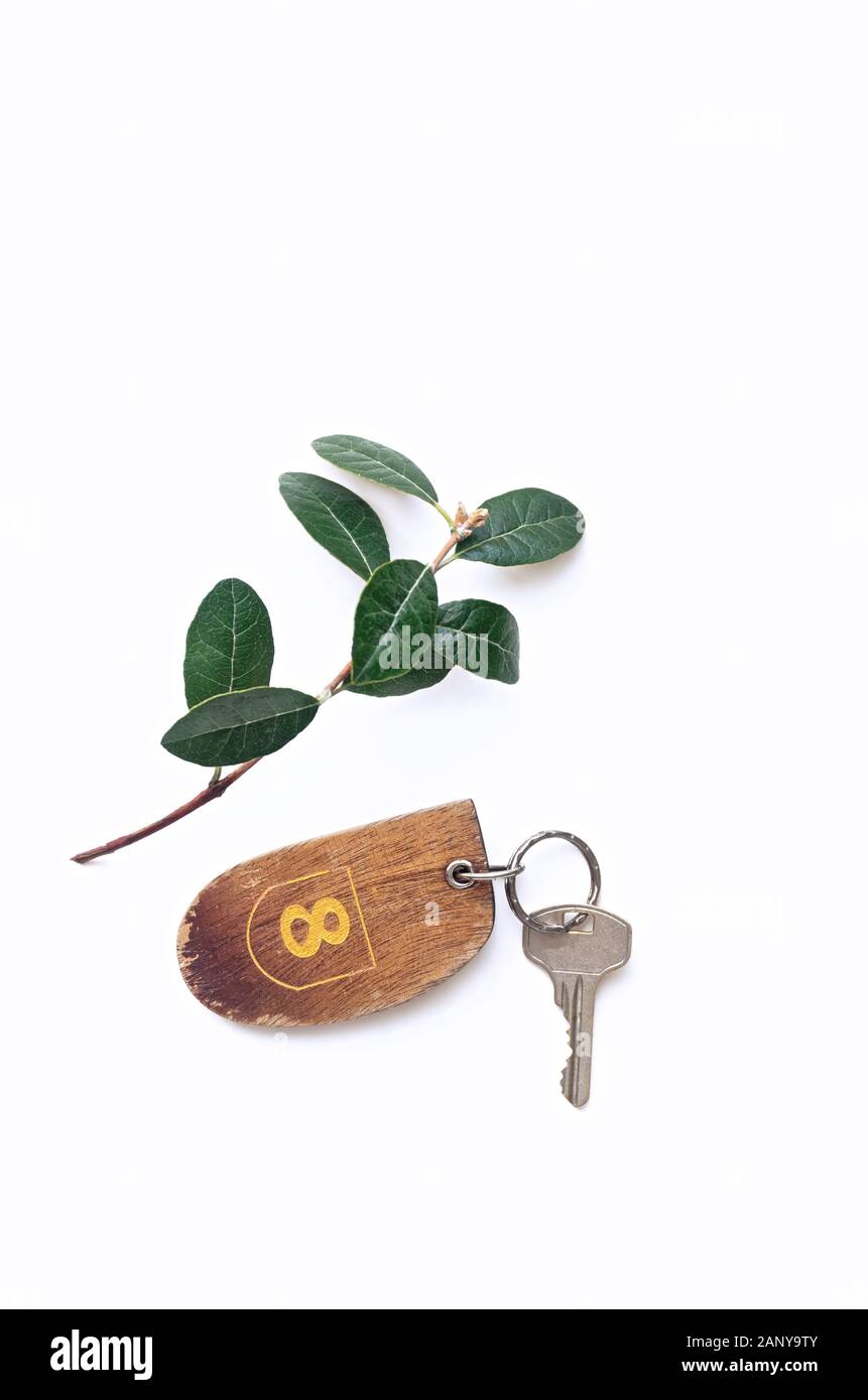 The key to the room, hotel room. The number 8 on the keychain. Old key ...