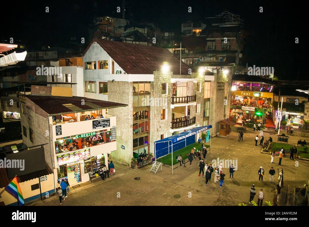 Machu Picchu Pueblo, Peru - Jan 7, 2019: The central city square in the ...