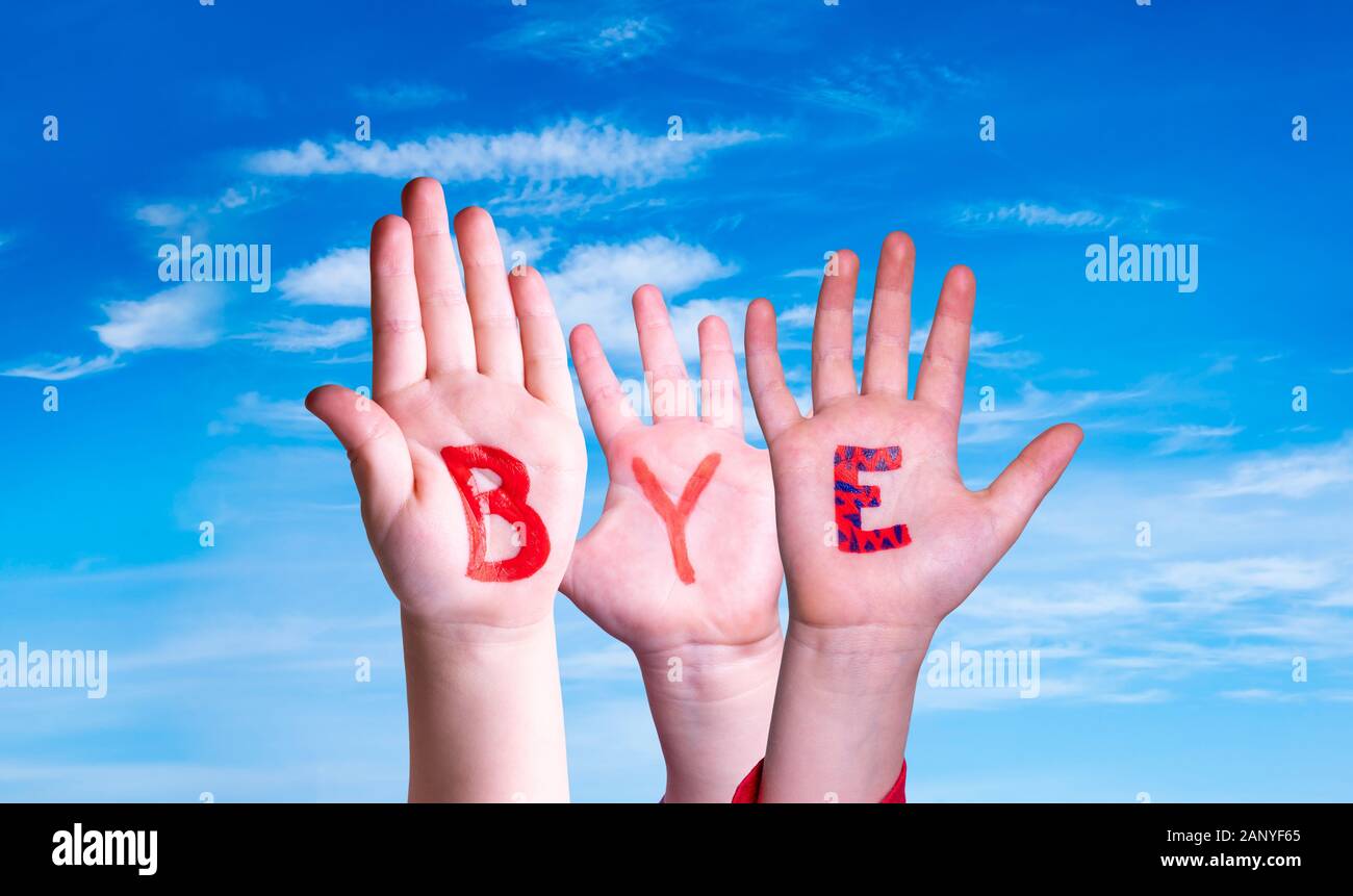 Children Hands Building Colorful Word Bye. Blue Sky As Background Stock ...
