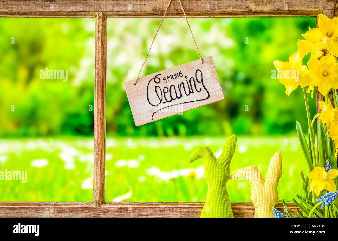 Sign With English Calligraphy Spring Cleaning. Vintage Rustic Window ...