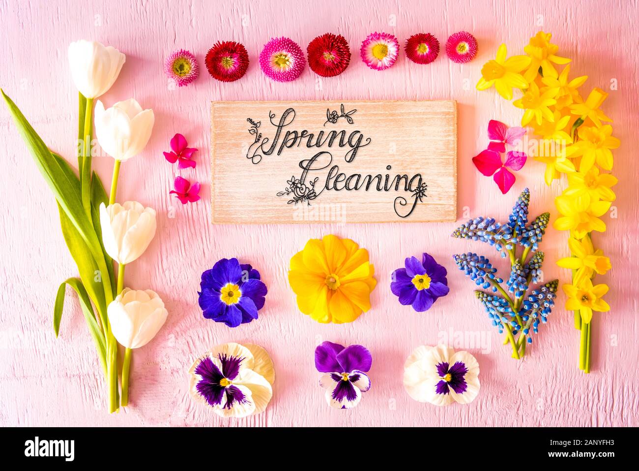 Rustic Wooden Sign With English Calligraphy Spring Cleaning. Flat Lay ...