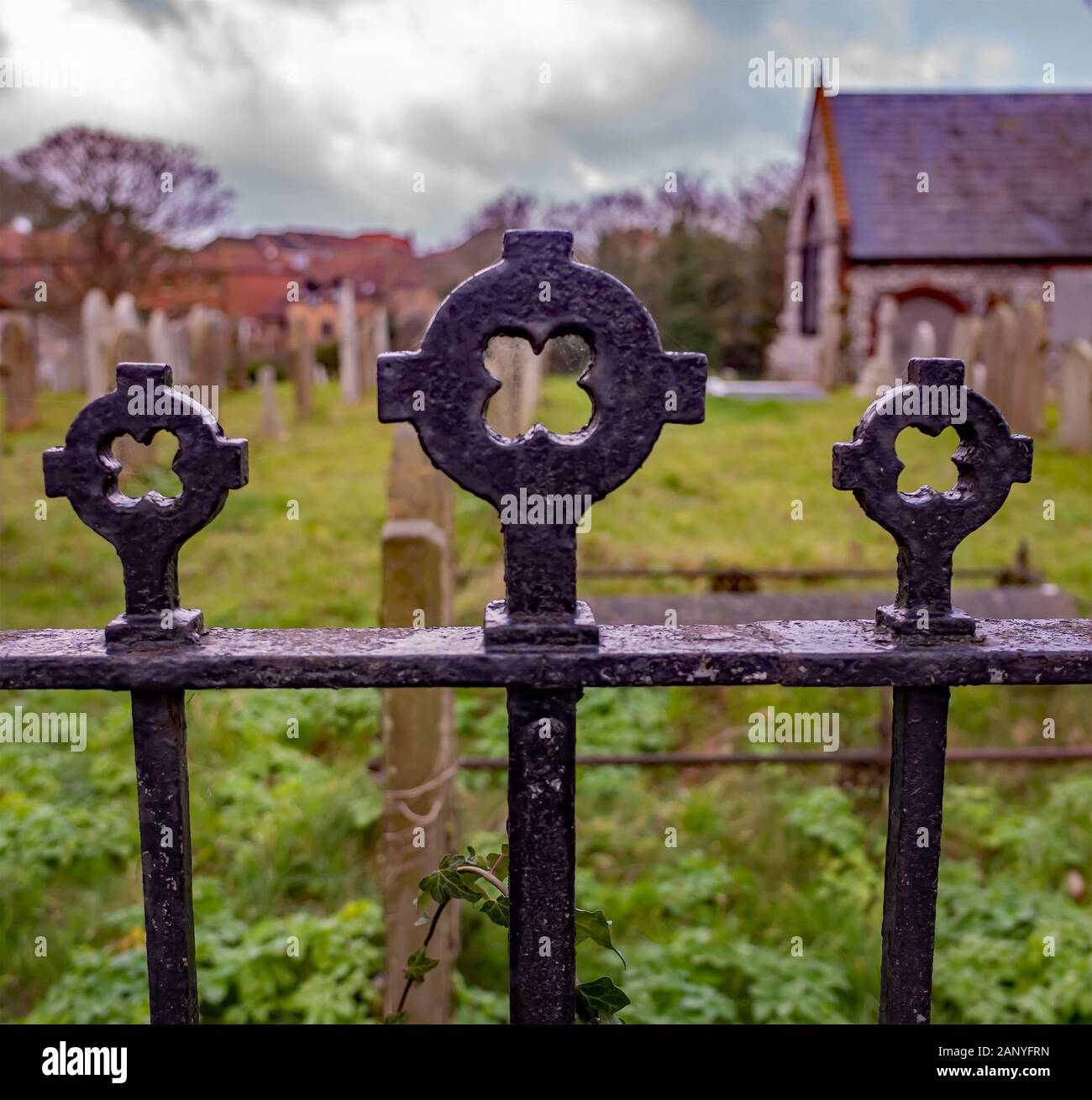 1 Selective and close focus on black metal railings bordering the ...