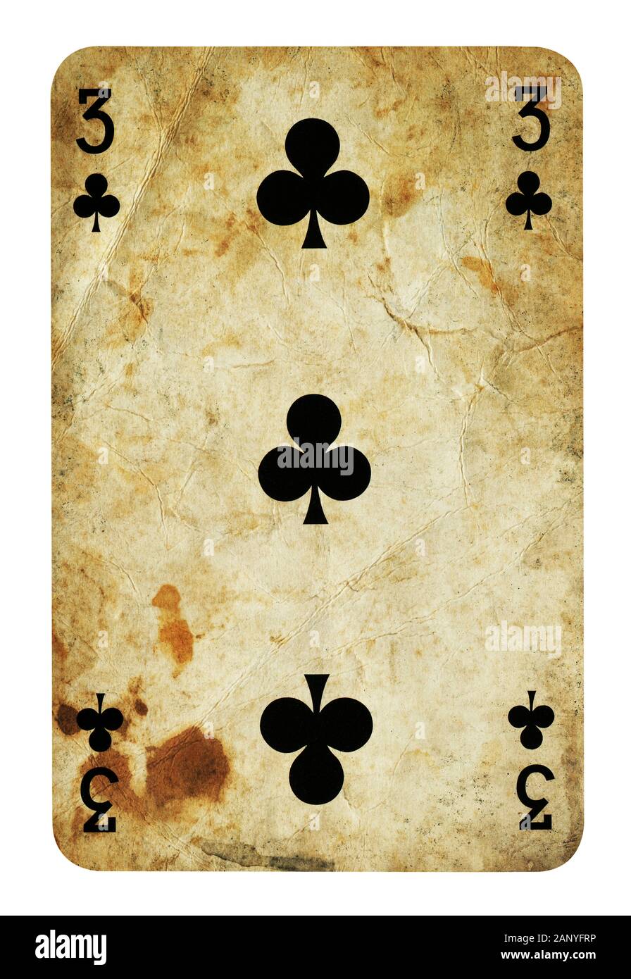 Three of Clubs Vintage playing card - isolated on white (clipping path ...