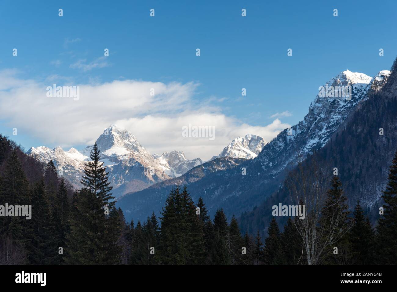 Mount Mangart from the Predil pass in winter clothes. Tarvisio, Italy ...