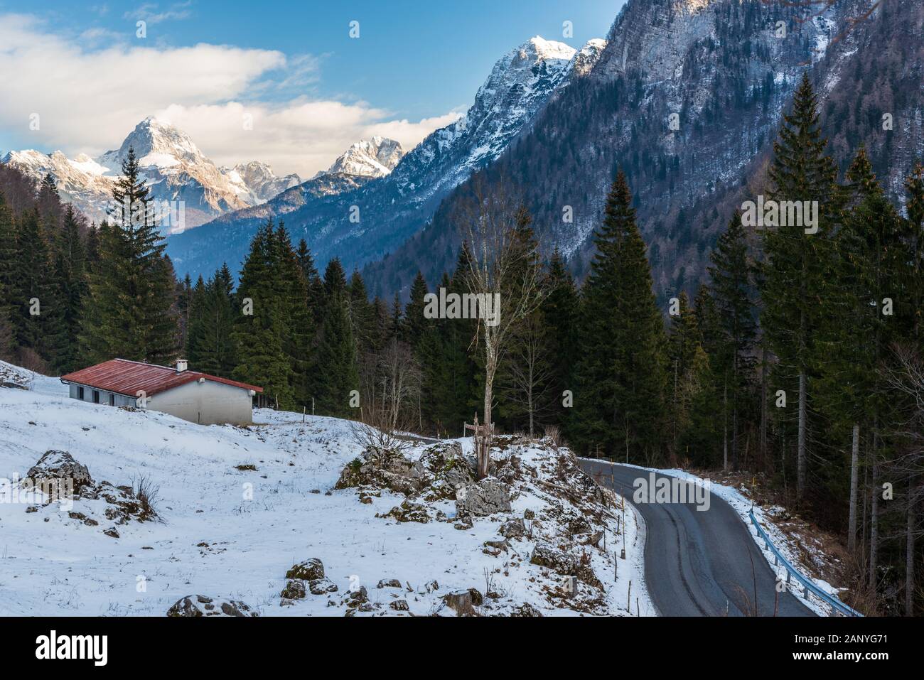 Mount Mangart from the Predil pass in winter clothes. Tarvisio, Italy ...
