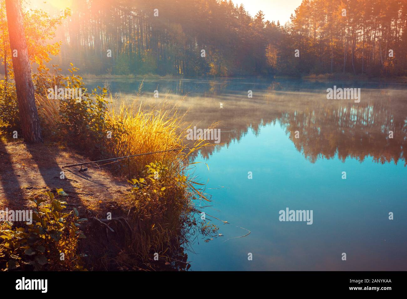 Early misty autumn morning. Sunrise over the lake Stock Photo - Alamy