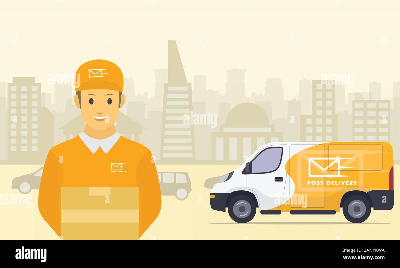 courier delivery services with truck and city as background ...