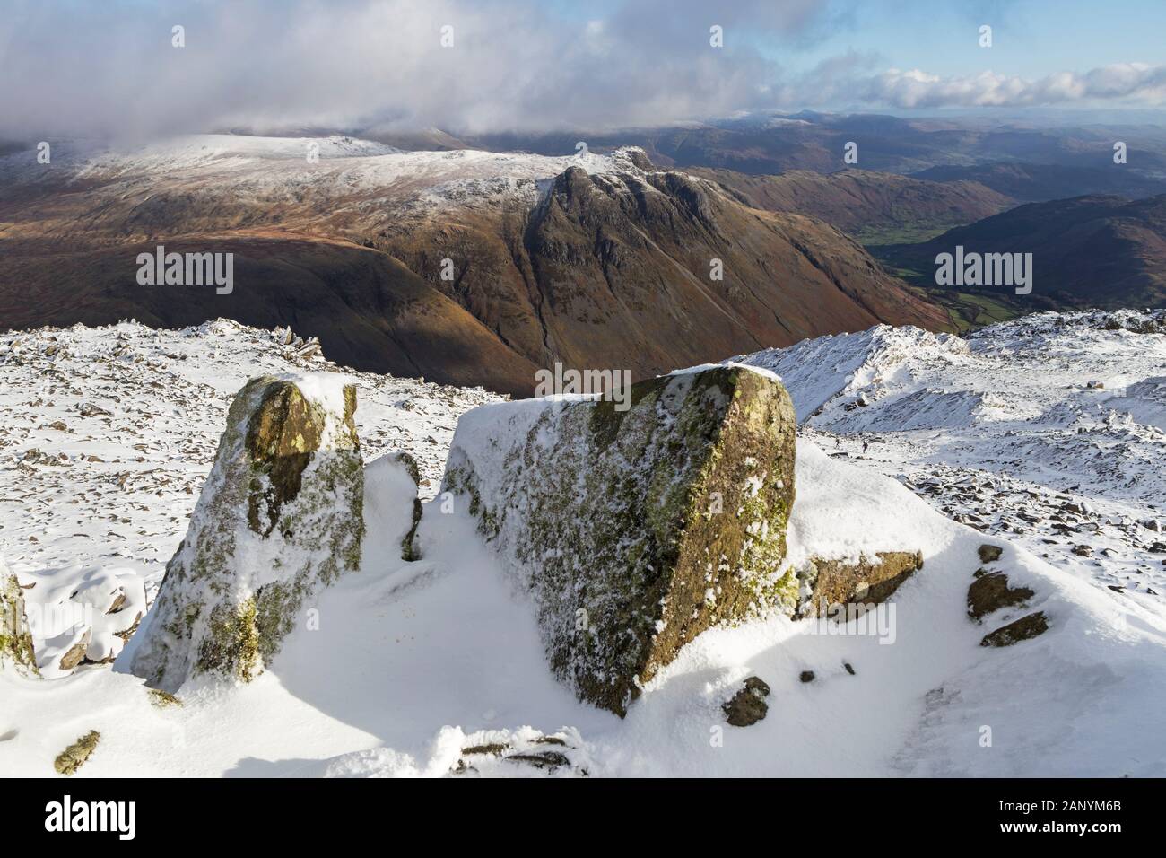 The Langdale Pikes from the Summit of Bowfell in Winter, Lake District ...
