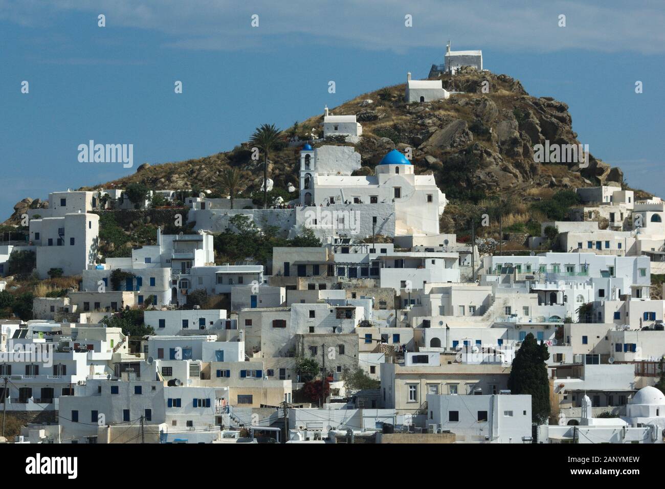Scenery of beautiful blue and white buildings on a mountain in the ...