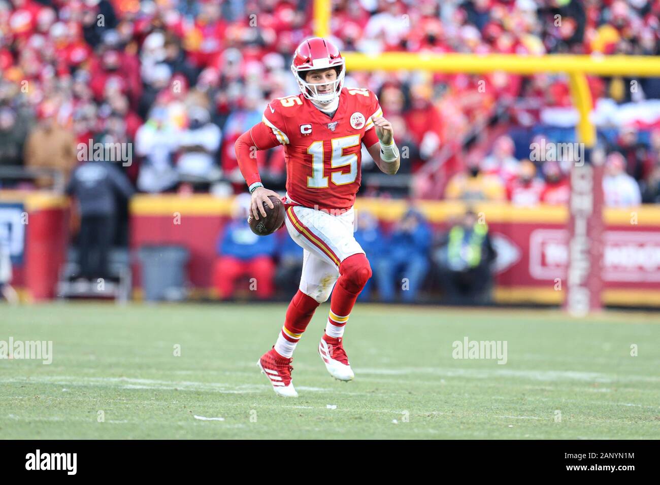 Kansas City Chiefs quarterback Patrick Mahomes (15) runs with the ball ...
