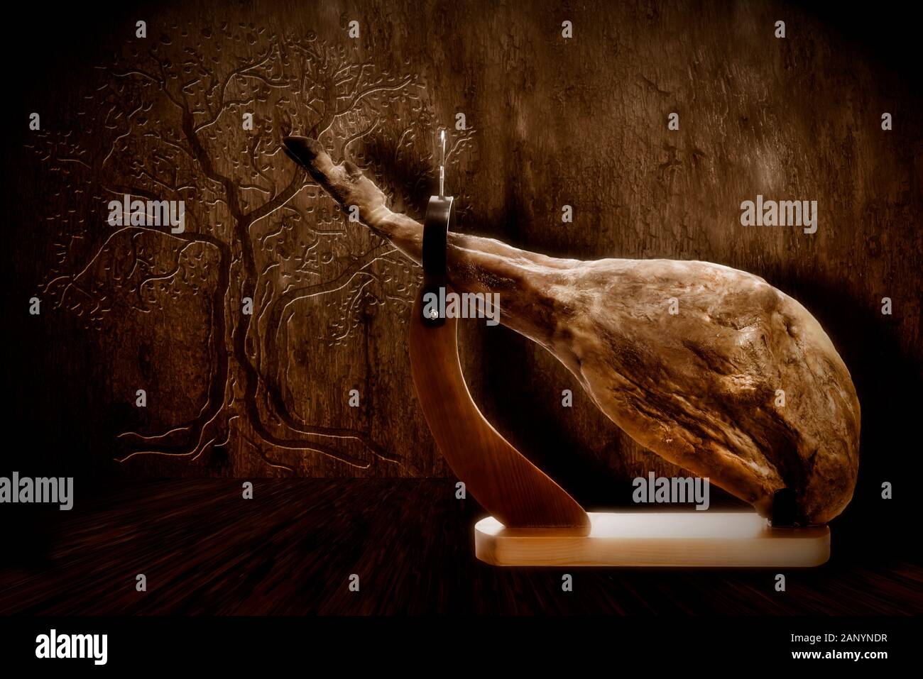 Whole Spanish Iberian ham leg extra quality on wooden background with ...