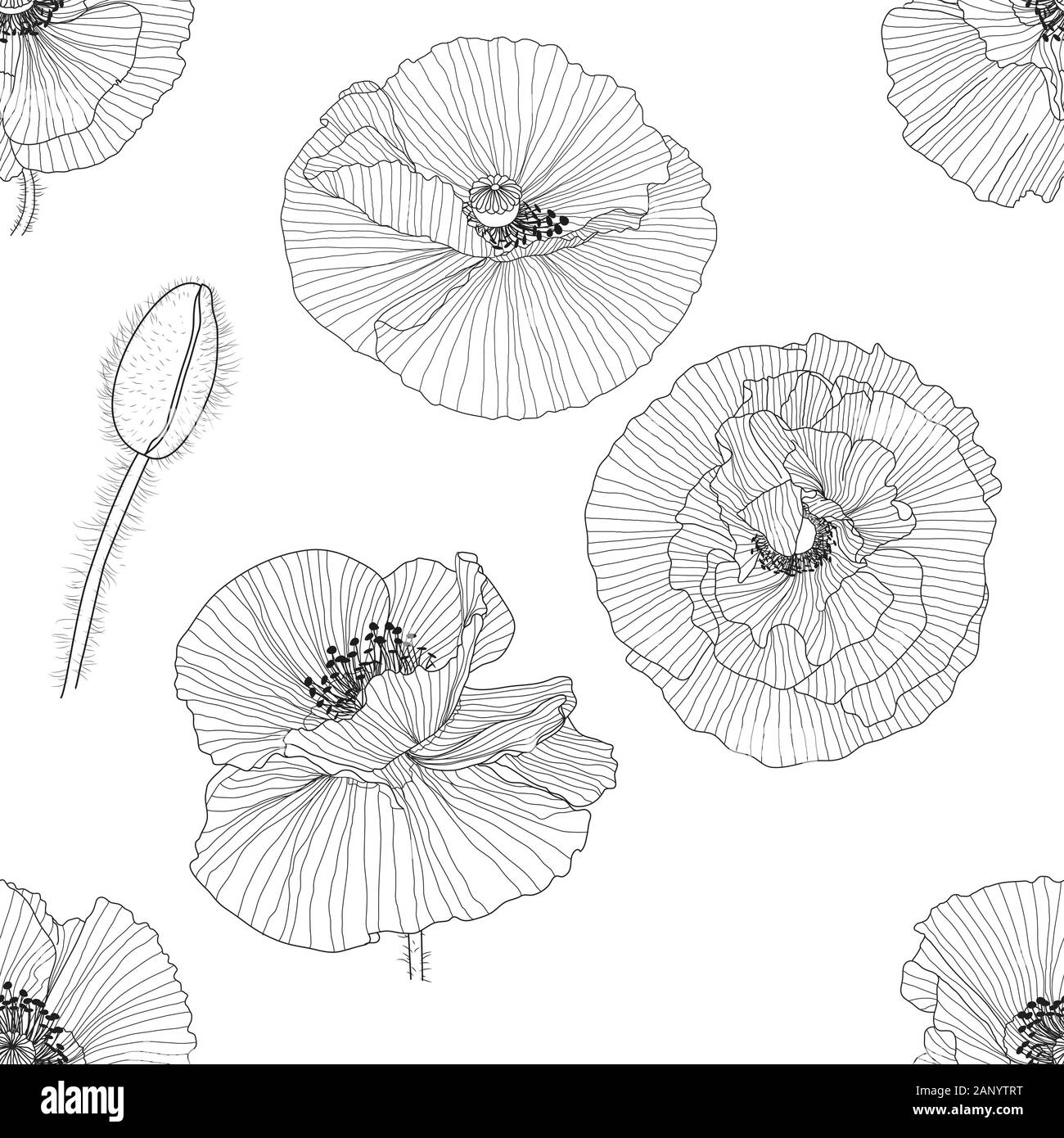 seamless pattern of black, gold, red and white poppies Stock Vector ...