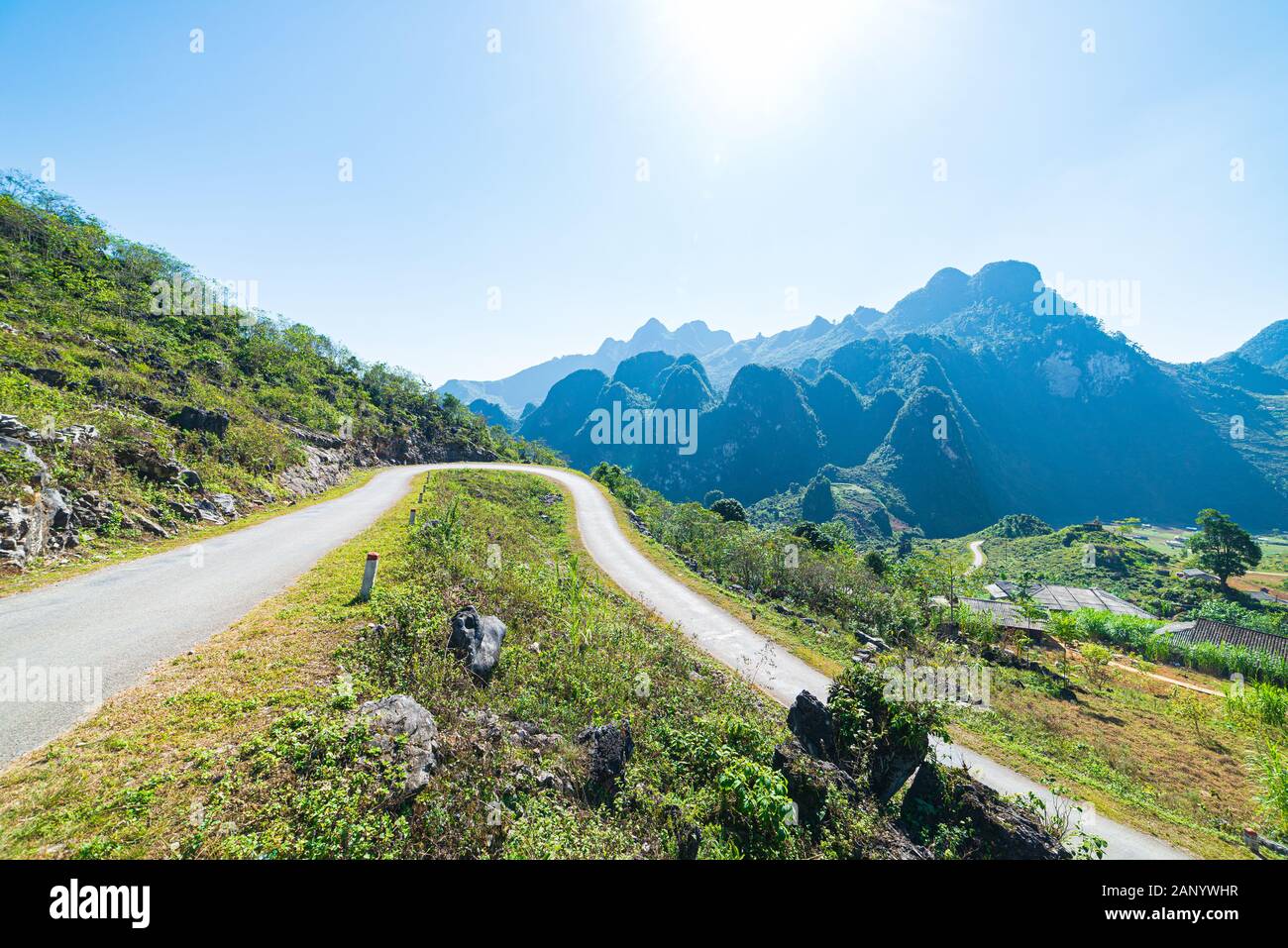 Ha Giang karst geopark mountain landscape in North Vietnam. Winding ...