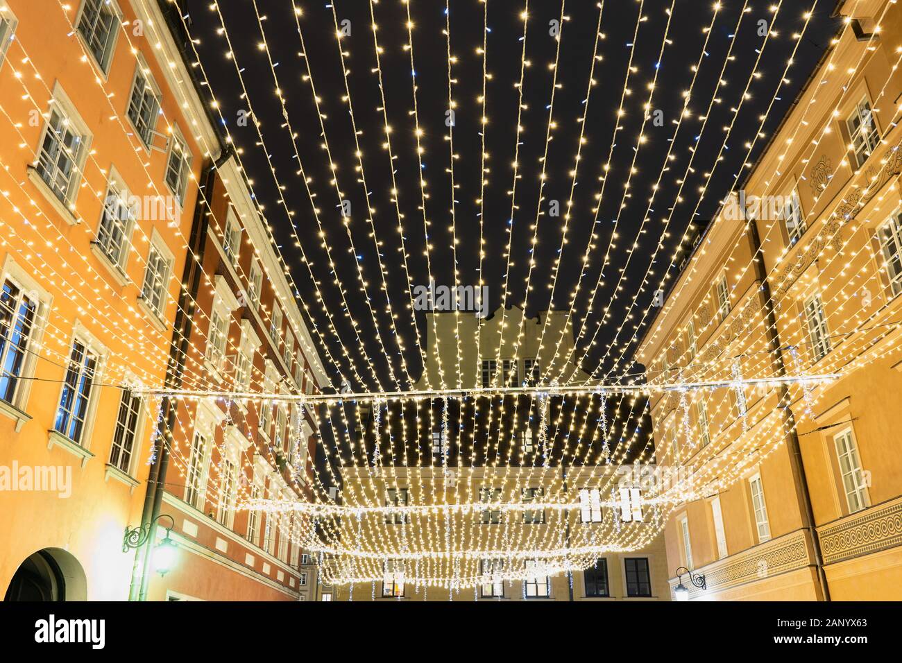 Christmas lights night illumination in the Old Town of Warsaw city in ...
