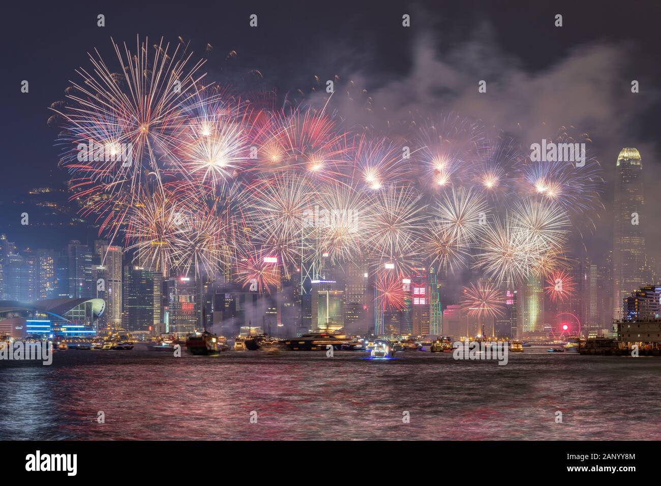 Hong Kong - October 01. 2018 - Fireworks for the Chinese National Day, Panoramic view from Tsim ...
