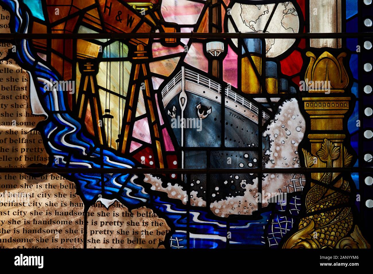 Stained glass window depicting the Titanic inside Belfast City Hall ...