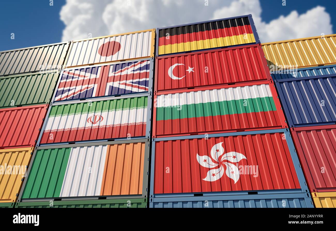 Container Terminal - Freight container with different national flag ...