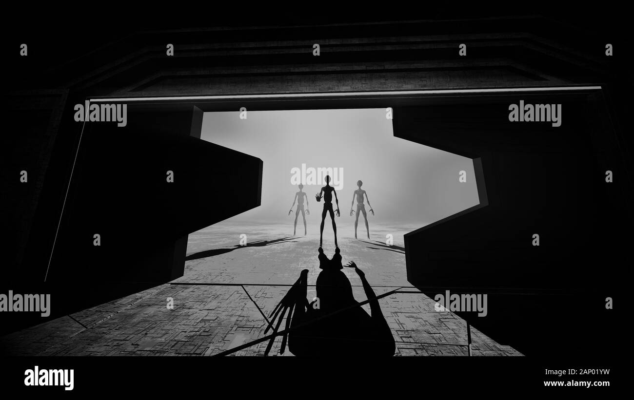 Aliens Reveal behind Space Station Gate 3D Illustration Stock Photo - Alamy