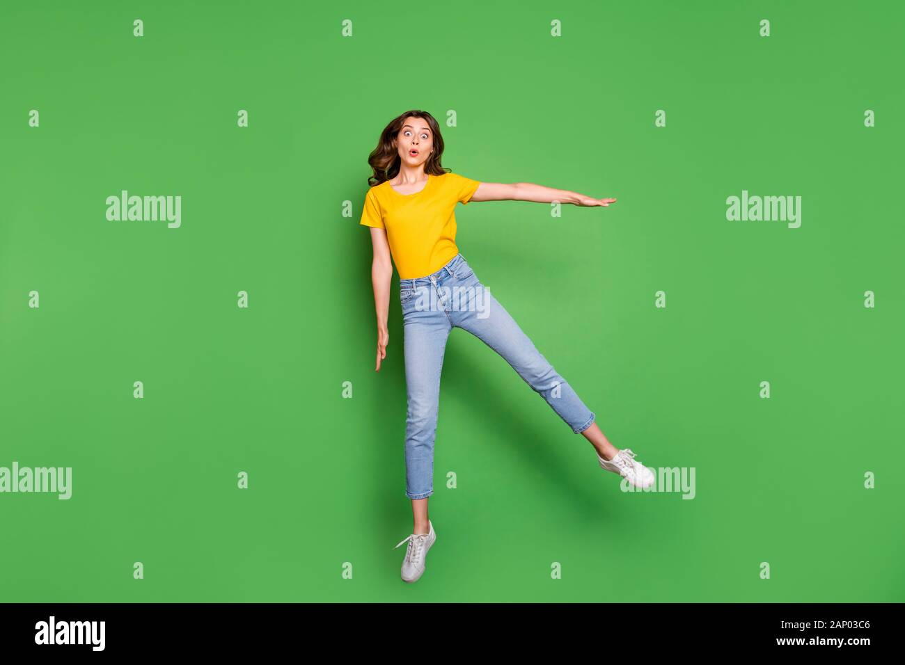 Full length body size view of nice attractive lovely childish slim fit ...