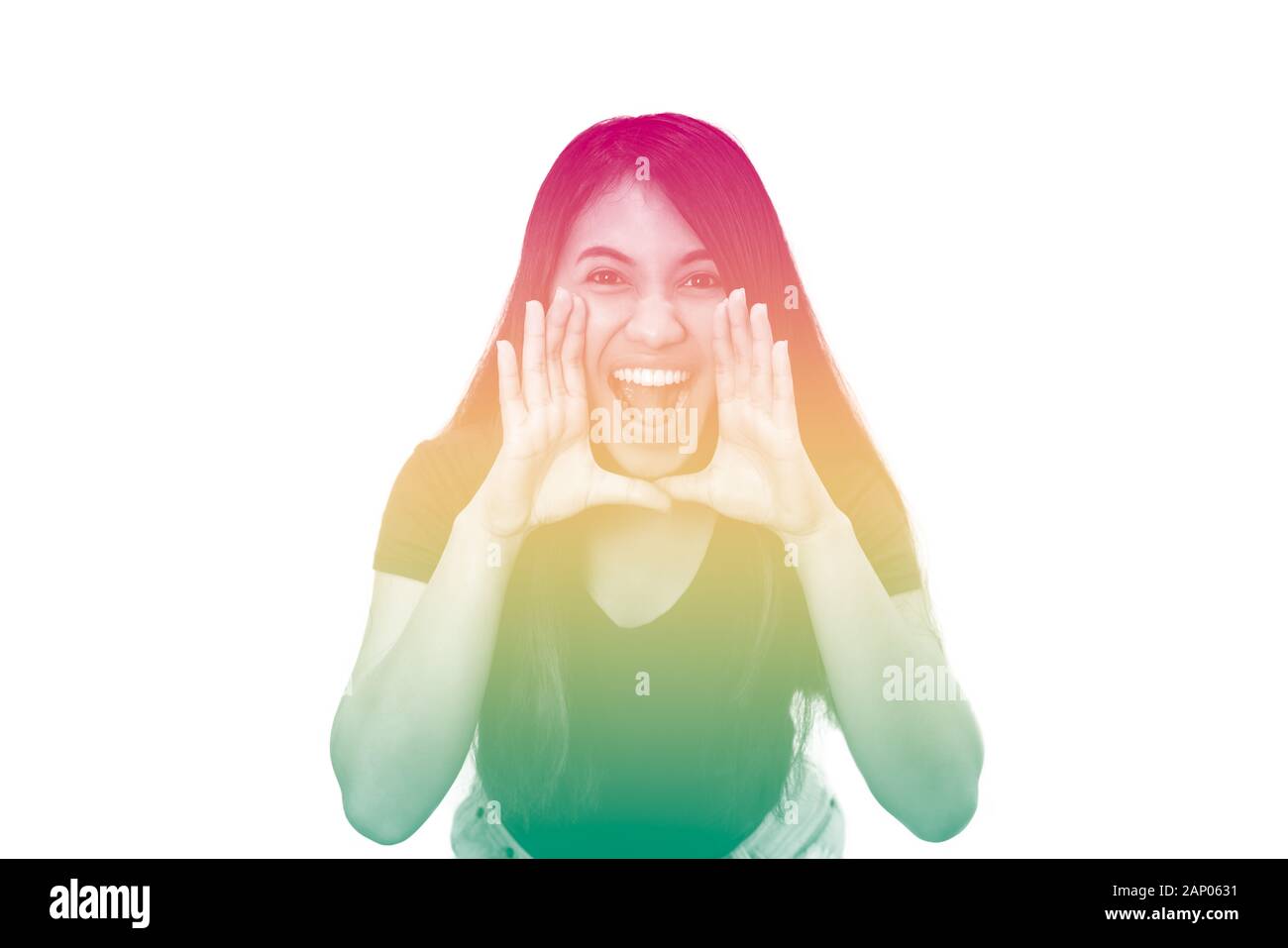 Young ethnic girl, shouting to camera with duotone multi coloured ...