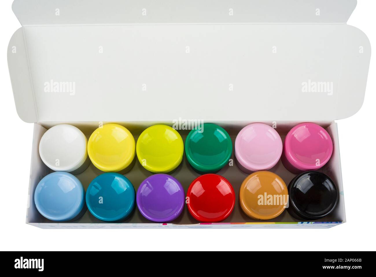 School paint in the plastic containers on a white background Stock ...