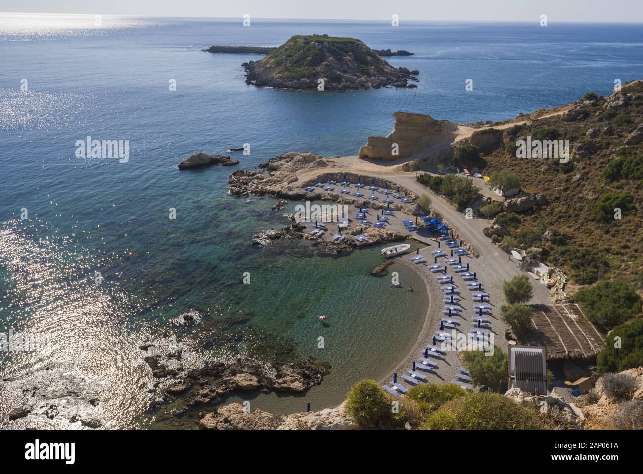 Top view on the Grande Blue Stegna beach (Secret beach), Rhodes, Greece ...
