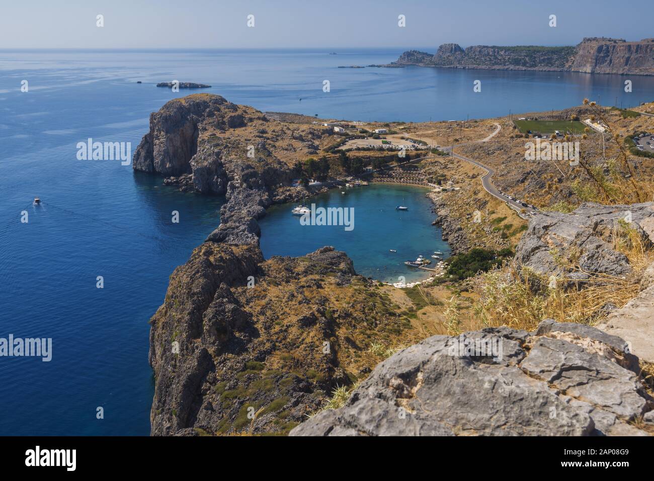 St Paul's Bay, overview of from the Acropolis of Lindos, Rhodes, Greece ...