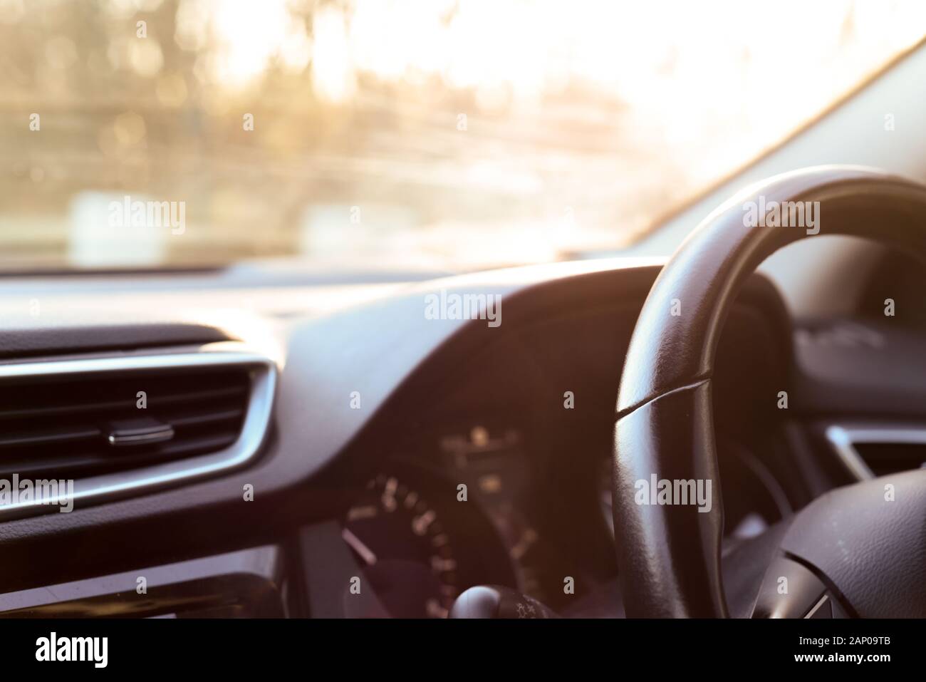 Car dashboard interior view of inside the vehicle including steering ...