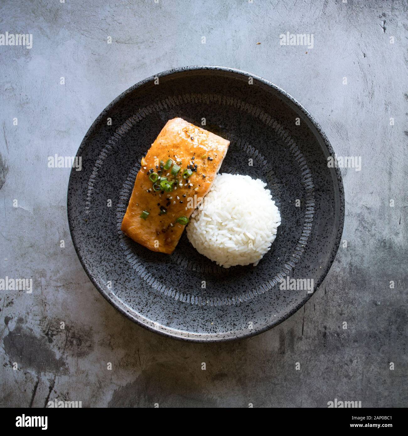 Ginger Miso Salmon with White Rice Stock Photo - Alamy
