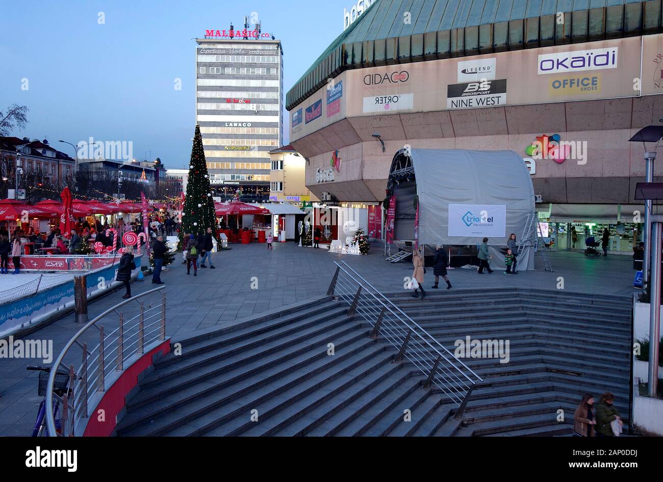 Shopping mall staircase at "Trg Krajine" (The Krajina Square) in early ...