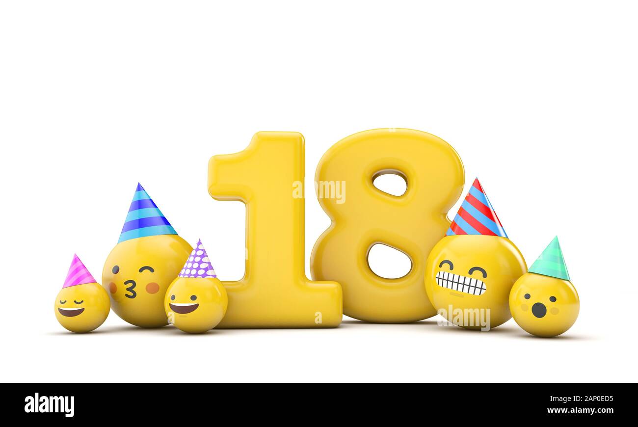 Number 18 emoji birthday party celebration. 3D Render Stock Photo - Alamy