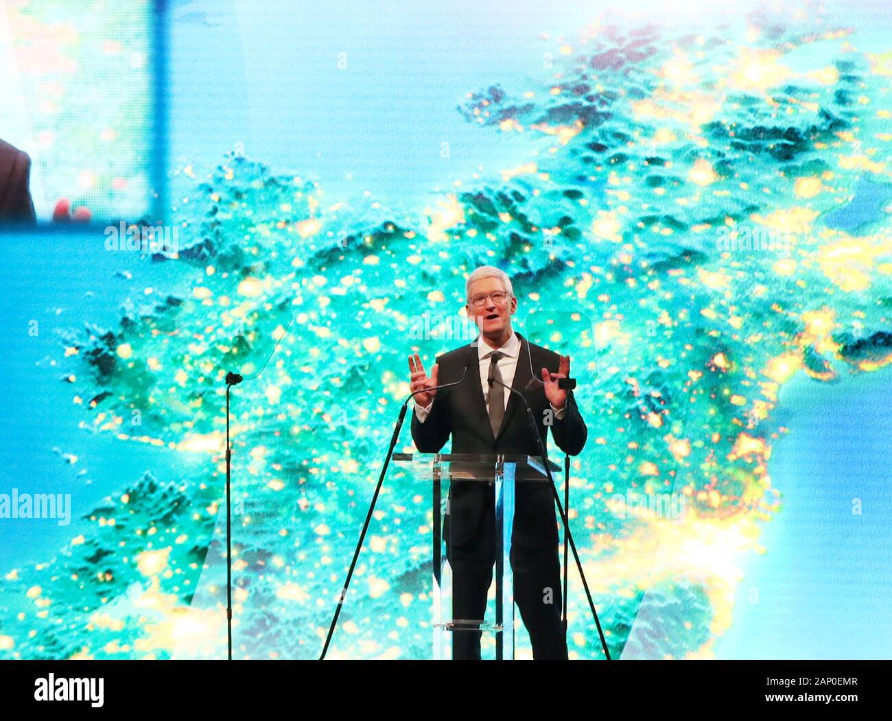 CEO of Apple, Tim Cook addresses an event at the National Concert Hall ...