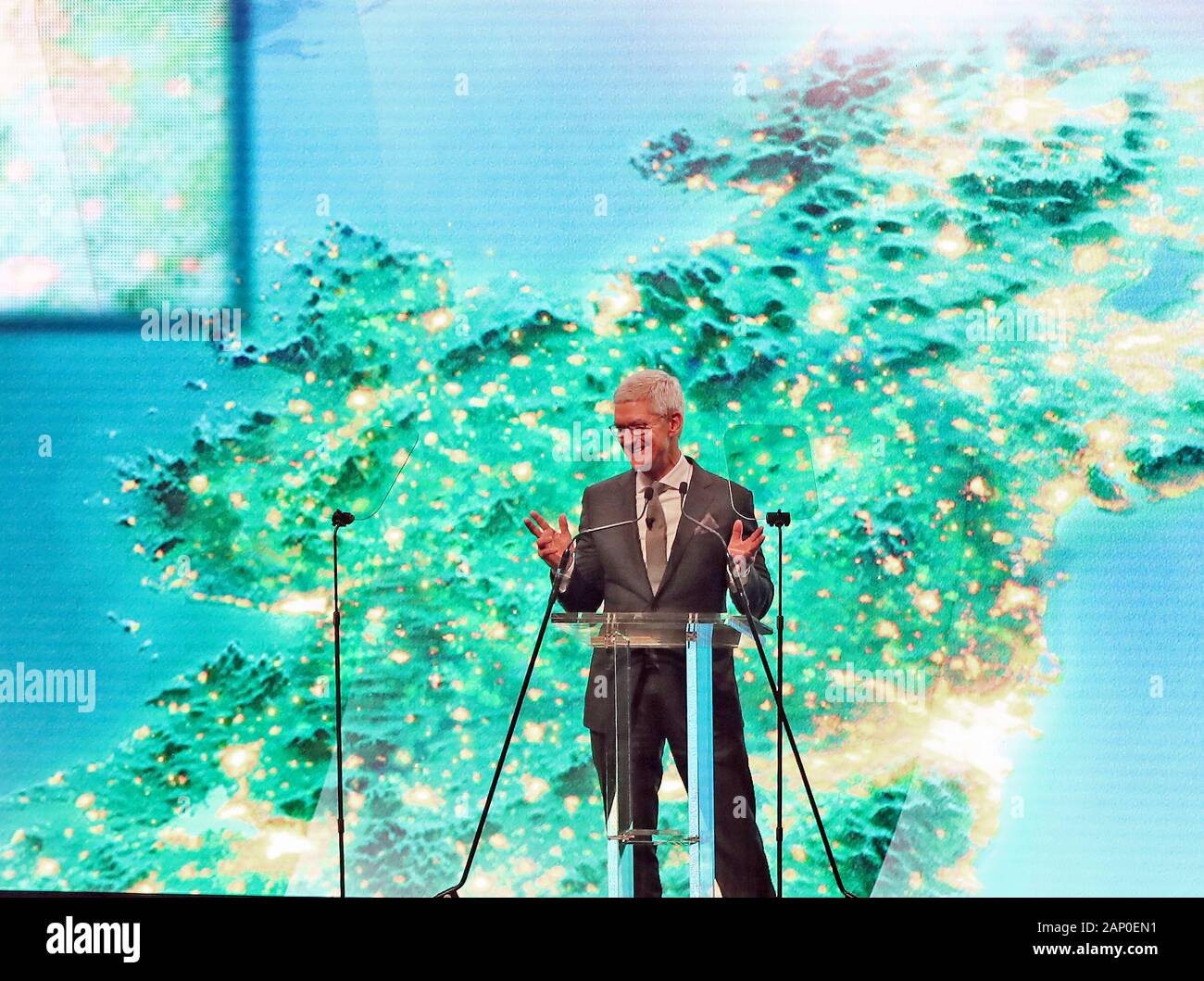 CEO of Apple, Tim Cook addresses an event at the National Concert Hall ...