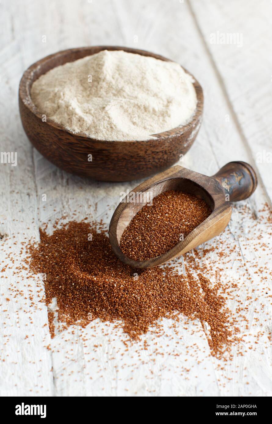 Teff flour in a bowl and teff grain with a spoon close up Stock Photo ...