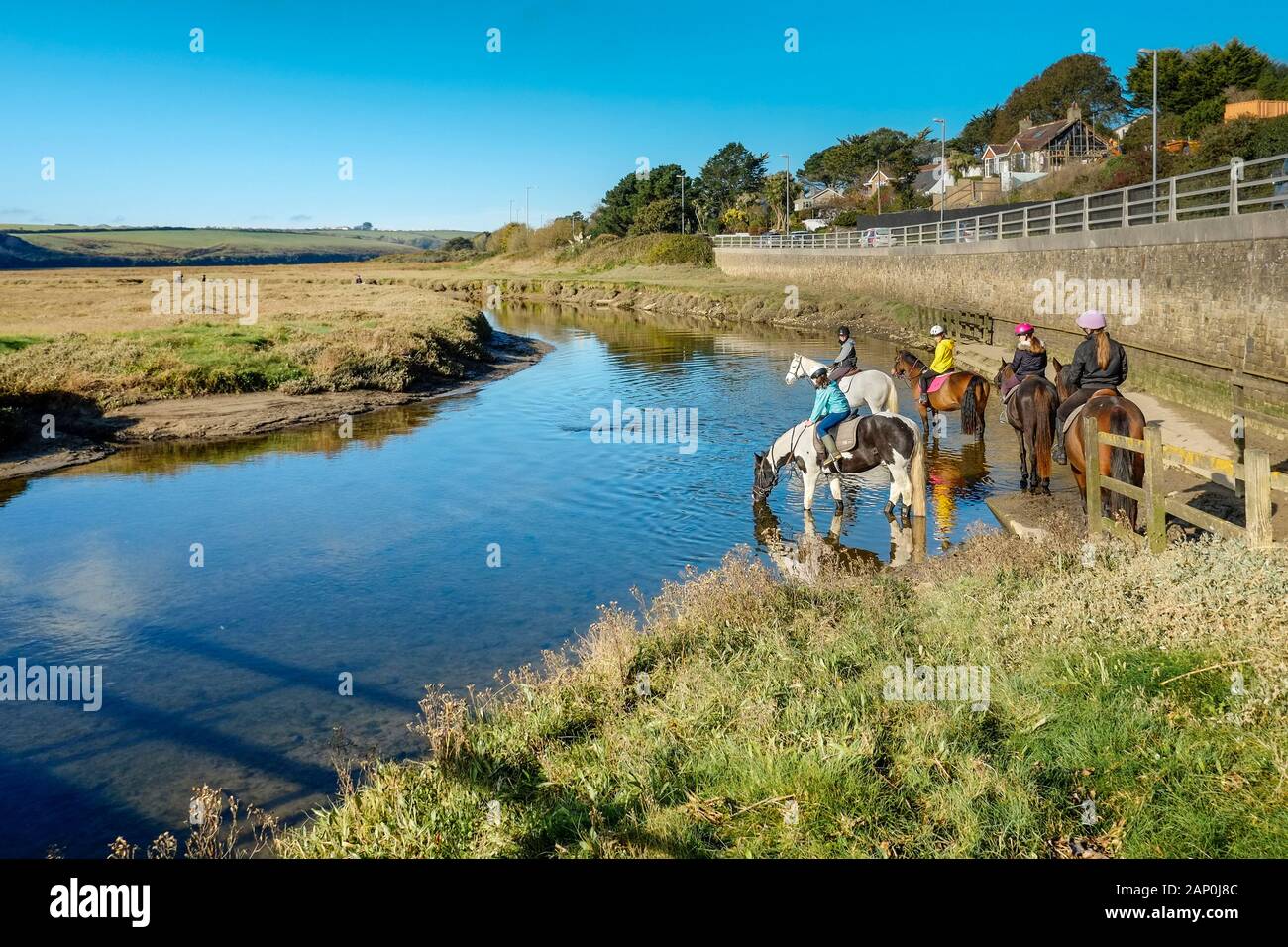 Pony trekking at low tide on the Gannel Estuary in Newquay in Cornwall ...