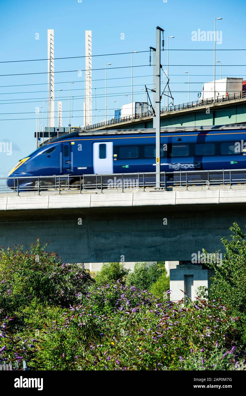 High speed train passing beneath the Queen Elizabeth II Bridge also ...