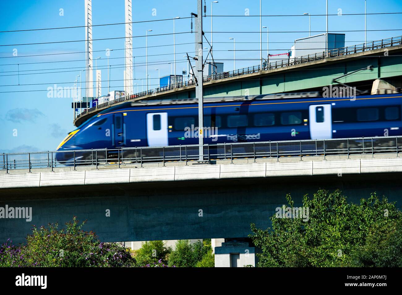 High speed train passing beneath the Queen Elizabeth II Bridge also ...