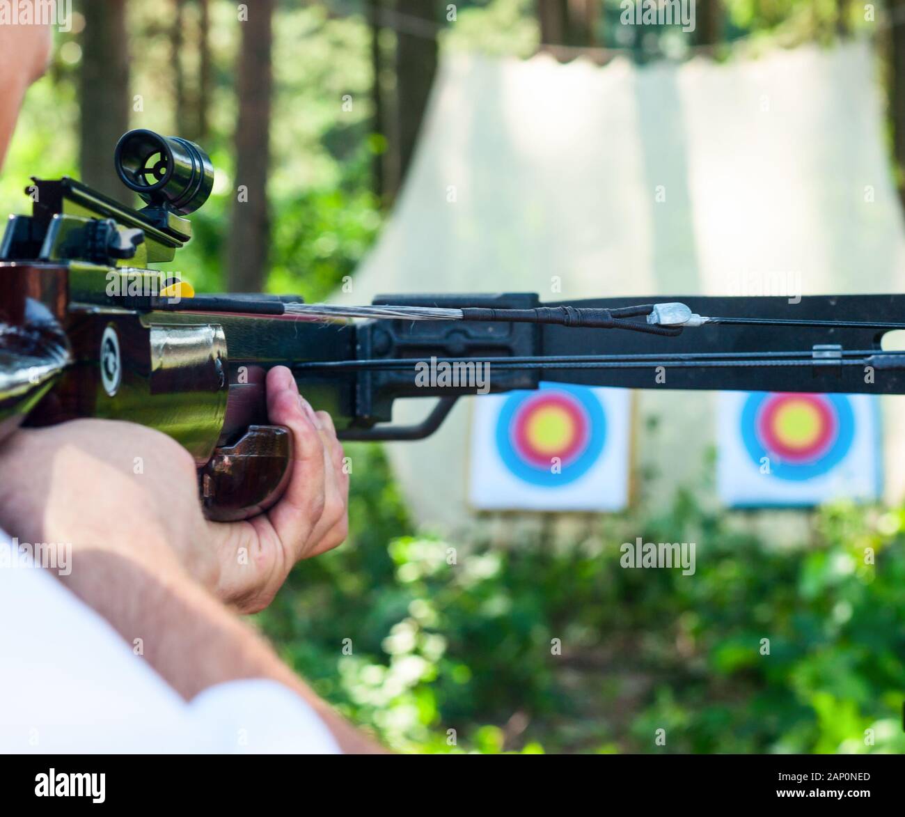 Man aiming crossbow at target outdoor Stock Photo - Alamy