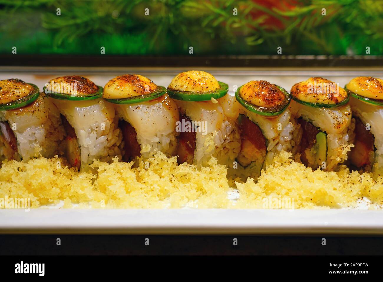 Platter of gourmet crunchy sushi maki rolls Stock Photo - Alamy