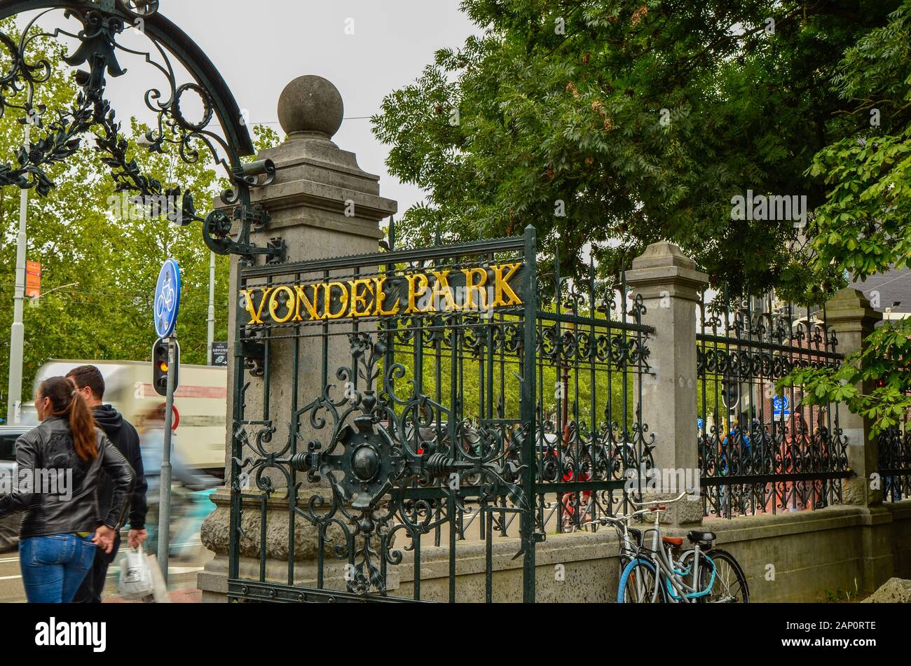 Amsterdam, Holland, August 2019. The Vondelpark gate: the large park in ...