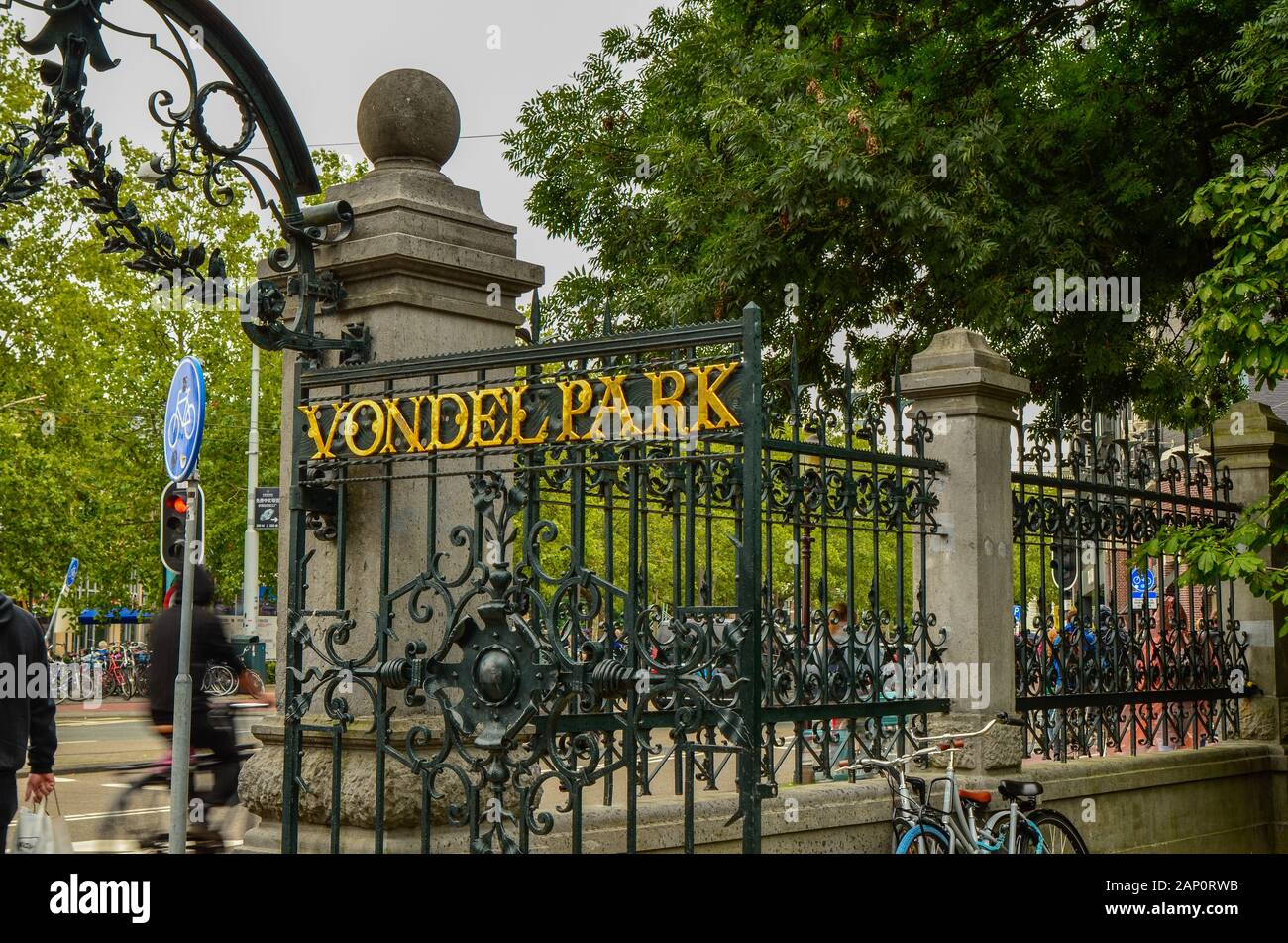 Amsterdam, Holland, August 2019. The Vondelpark gate: the large park in ...