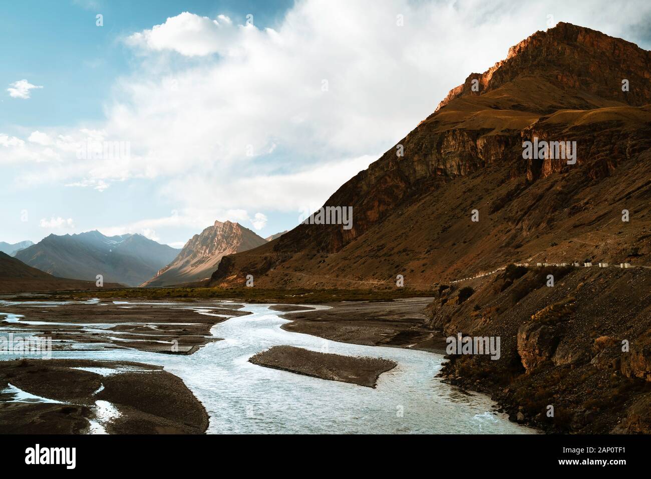 The Spiti river and Spiti valley flanked by the Himalayas at low level ...