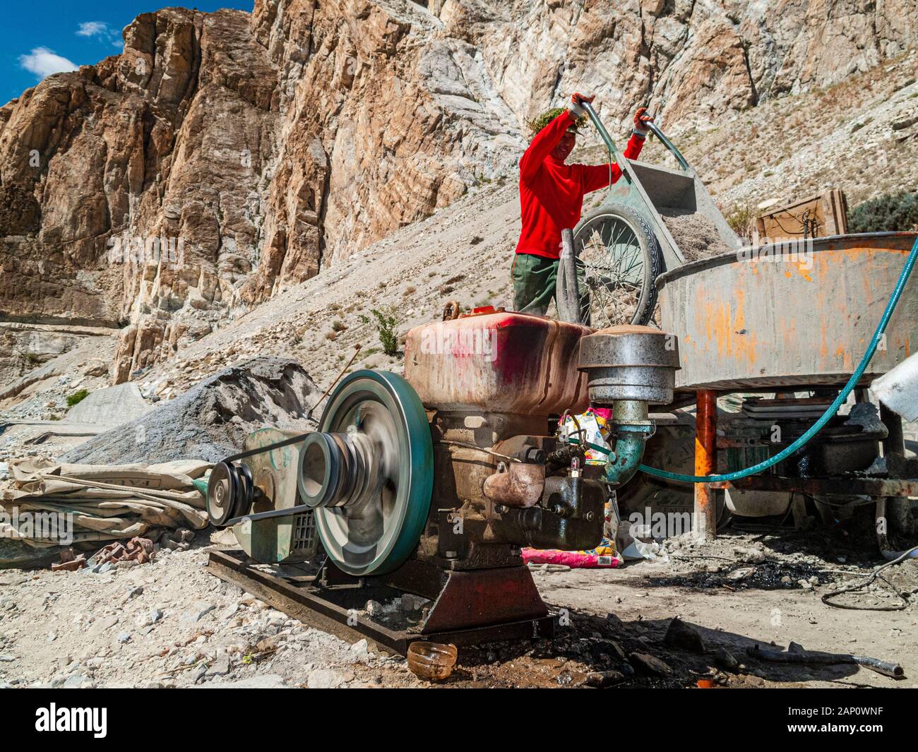 Road construction at Karakorum Highway by chinese workers, working at a ...