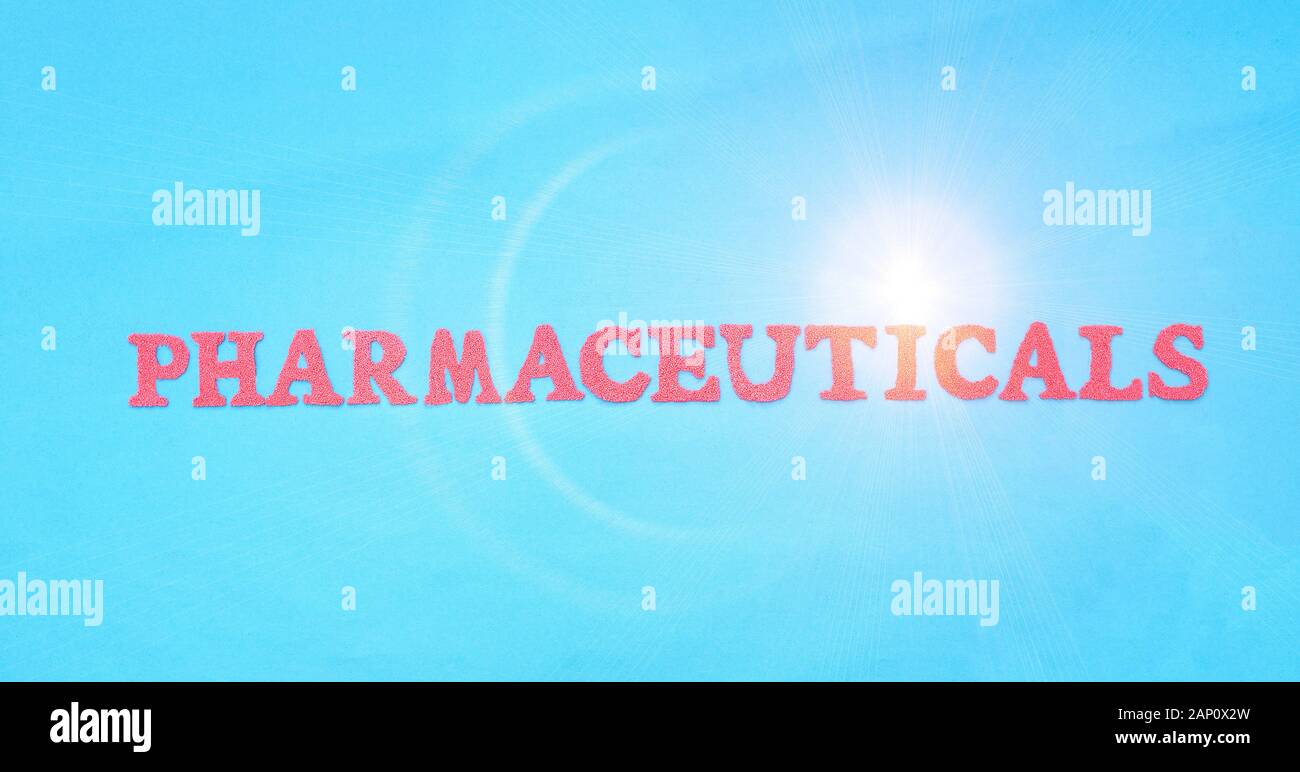 The word pharmaceuticals in red letters on a blue background. Concept ...